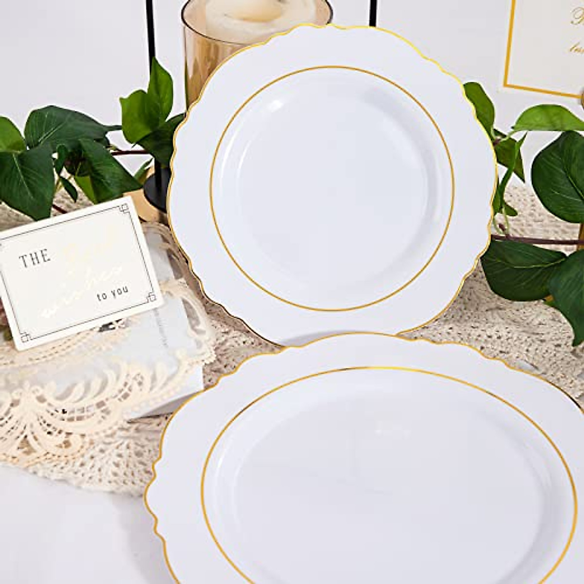 WDF 50Guest Gold Plastic Plates - Disposable White and Gold Plastic Plates include 100Plates, 150Gold Plastic Silverware, 50Cups, 50Napkins Plates for Wedding&Parties