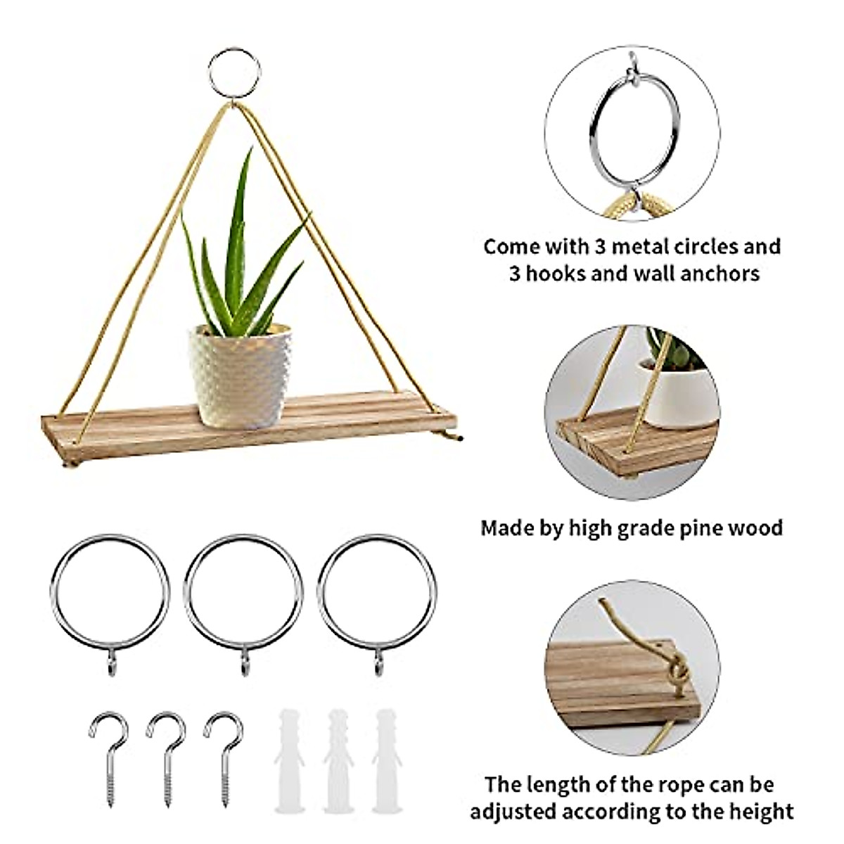 POZEAN Hanging Shelves 3 Pack Wooden Floating Wall Shelves, Hanging Plant Shelf, Boho Wall Decor Shelves for Bedroom, Plants, Living Room, Office (Included 6 Ropes 3 Rings 3 Hooks and Anchors)