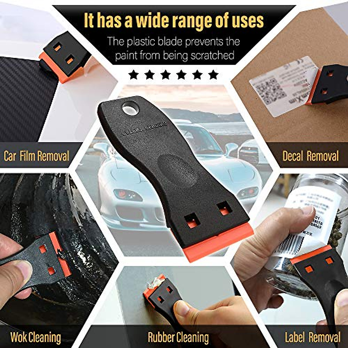 Sticker Scraper Tool Set include 120 Pcs 1.5 Inch Plastic Scraper Blades + 2 Pcs Plastic Razor Blade Scraper for Auto Vinyl Wrap Window Tint Glass Cleaning Adhesive Glue Paint Remove Plastic Scraper