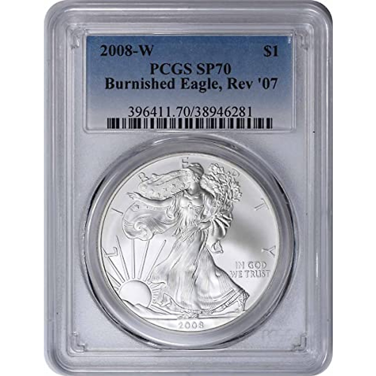 2008 W Burnished American Silver Eagle Reverse of 2007 Dollar SP70 PCGS