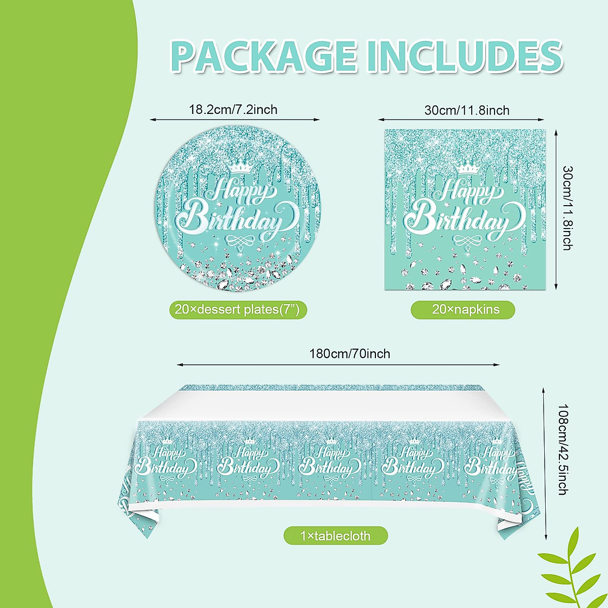 Juhap 41 Pcs Teal and Silver Tableware Set for Happy Birthday Table Decorations Blue Birthday Theme Dessert Plates Napkins Tablecloth for 20 Guests Girls Women Silver Glitter Birthday Party Supplies