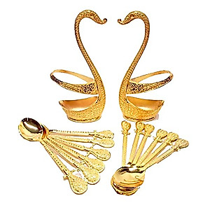 German Gold Plated 1 PC S Swan Duck With 6 Pcs Tea Spoon Set For Home And Kitchen Decorative Swan Base Holder Spoons for Coffee, Fruit,Dessert,Stirring, Mixing Sugar, By ORNATE INTERNATIONAL.