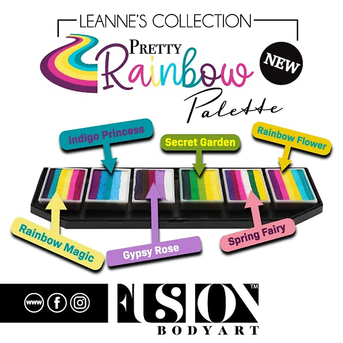 Fusion Body Art Pro Quality Professional Face Painting Palette - Leanne's Pretty Rainbow | Hypoallergenic Safe & Non-Toxic - Perfect for Full Face Designs and Cheek Art | US FDA and EU compliant
