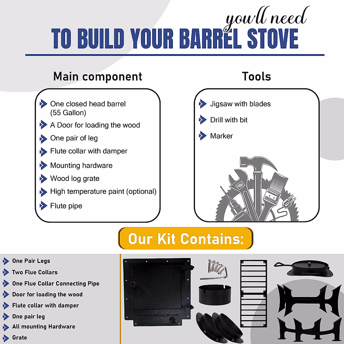 Sonret Barrel Woodstove Kit with Adapter Kit & Burn Barrel Grate – Perfect for 30-55 Gallon Barrel - Barrel Stove Kits - Fire Wood Camp Stove Barrel Stove Kit & Double Barrel Stove Adapter Kit…