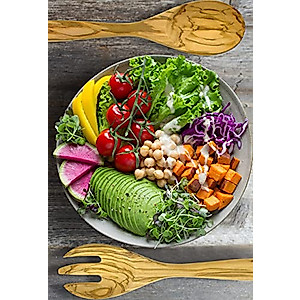 Salad Tongs for Serving, Spoon Salad Utensils Set from Olive Wood, 12 inches Wooden Fork and Spoon for Mixing, Tossing & Cooking