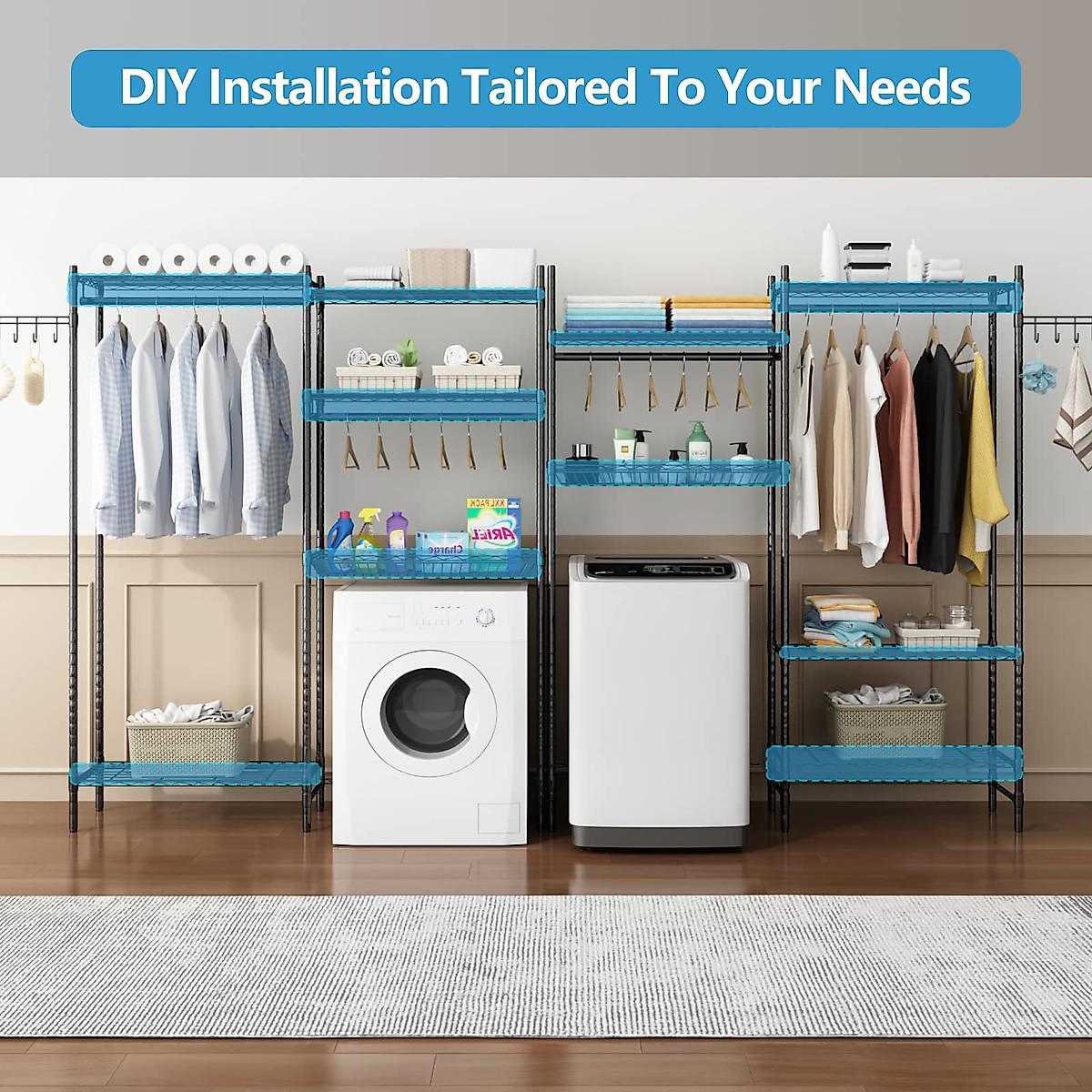 Loomie Over The Washer and Dryer Storage Shelf, Laundry Room Organization Shelves, 5 Tiers Adjustable Height Shelving,Bathroom Space Saving Drying Organizers Rack with Wire Basket,Haning Hook & 2 Rods