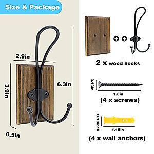 TEGUEPS Wall Hooks for Hanging, 2 Pack Farmhouse Towel Hooks for Bathrooms Wall Mounted, Heavy Duty Rustic Decorative Wood Coat Hooks Hanging Keys Robe Hat for Bedroom, Kitchen,(Weathered Brown)