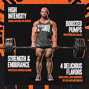 Animal Fury Pre Workout Powder - Energy and Focus Supplement with 5g BCAA, 350mg Caffeine Nitric Oxide Booster with Beta-Alanine, Preworkout for Men and Women, Blue Raspberry Flavor, 30 Servings