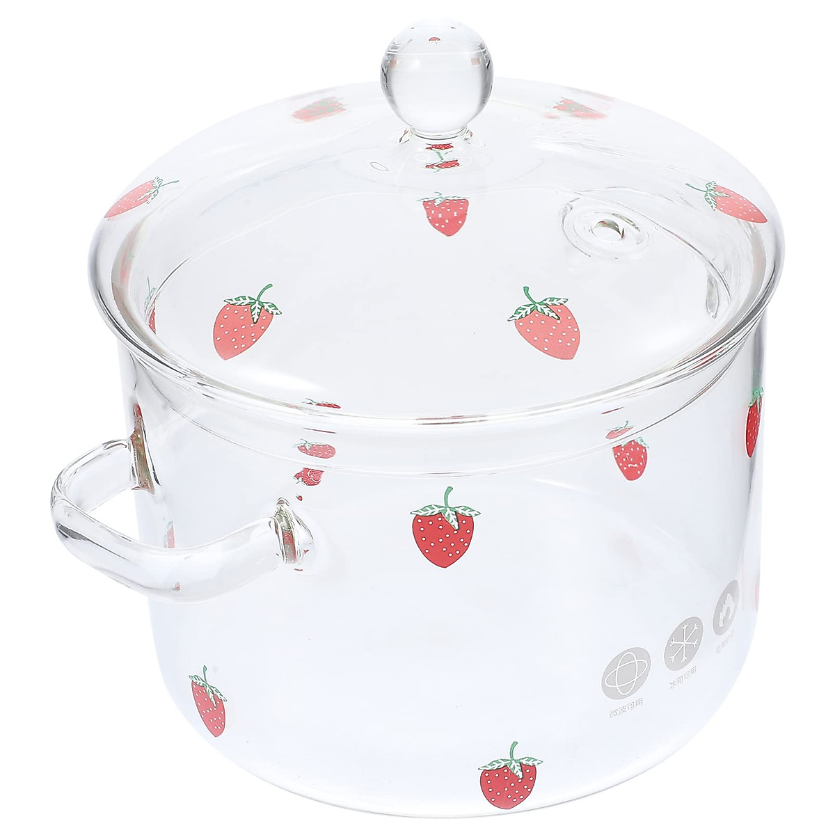 Yardwe Glass Saucepan Clear Glass Stockpot with Lid Handles Simmer Pot Glass Cookware for Milk Pasta Noodle Soup 1900ml Strawberry Pattern