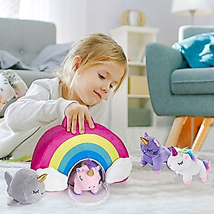 Stuffed Toy Unicorn Animal Set – Set of 5 Stuff Toys for Toddlers - with Rainbow Carry Bag - 2 Unicorns, Kitty, Puppy, and Narwhal – Toddler Gifts for Girls Age 3, 4, 5, 6, 7, 8 Year Old