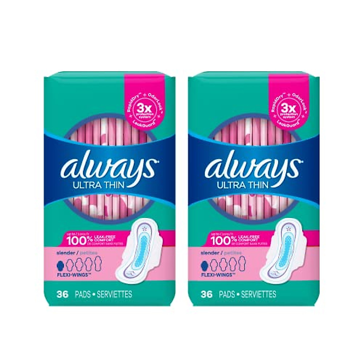 Always Ultra Thin Pads Slender Unscented with Wings, 36 Count x 2 Packs (72 Count total)