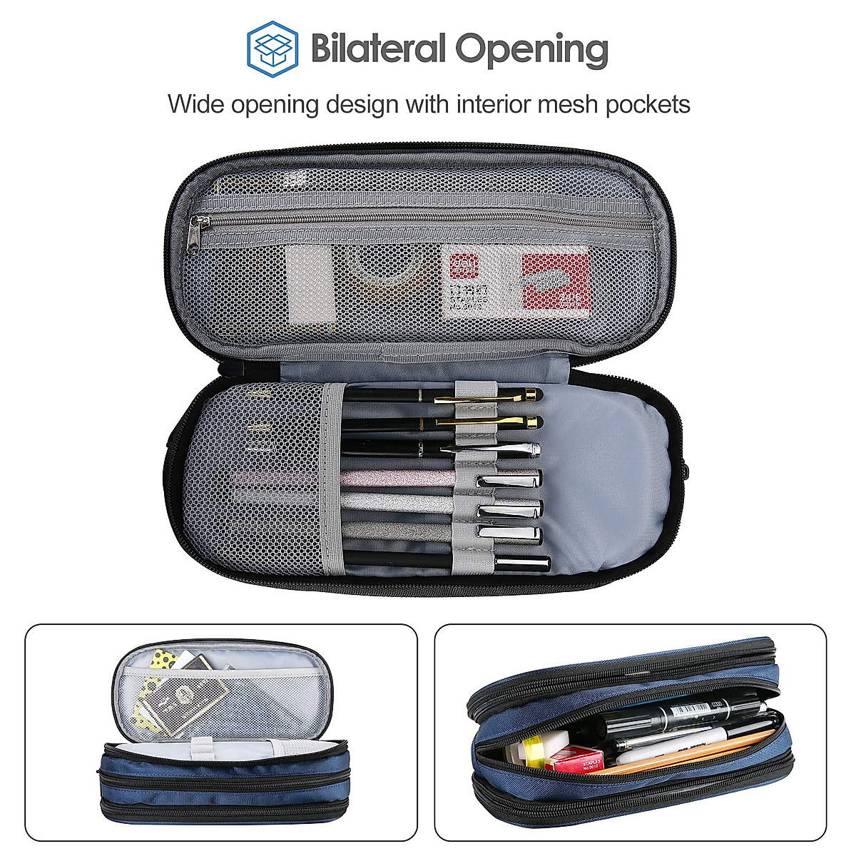 ProCase Big Capacity Pencil Case Pen Bag, Handheld Pencil Holder Pouch Pen Organizer Students Stationery Pouch with Durable Zipper Multi Compartments for School & Office Supplies –Navy