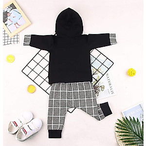 CM C&M WODRO Toddler Infant Baby Boy Fall Clothes Newborn Boy Outfits Plaid Long Sleeve Hoodie Sweatshirt Tops Winter Long Pants Sets (Black+Plaid, 3-4T)