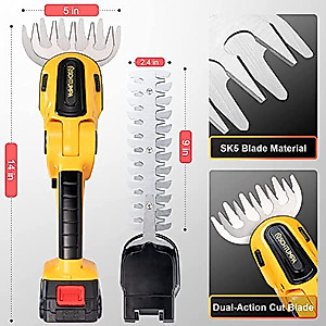 SCHTUMPA 24V 1260-RPM Cordless Grass Shears, 2-in-1 Mini Hedge Trimmer Cordless, Handheld Grass Trimmer Cordless, Electric Bush Trimmer Cordless, 2 Batteries and Charger Included,Yellow