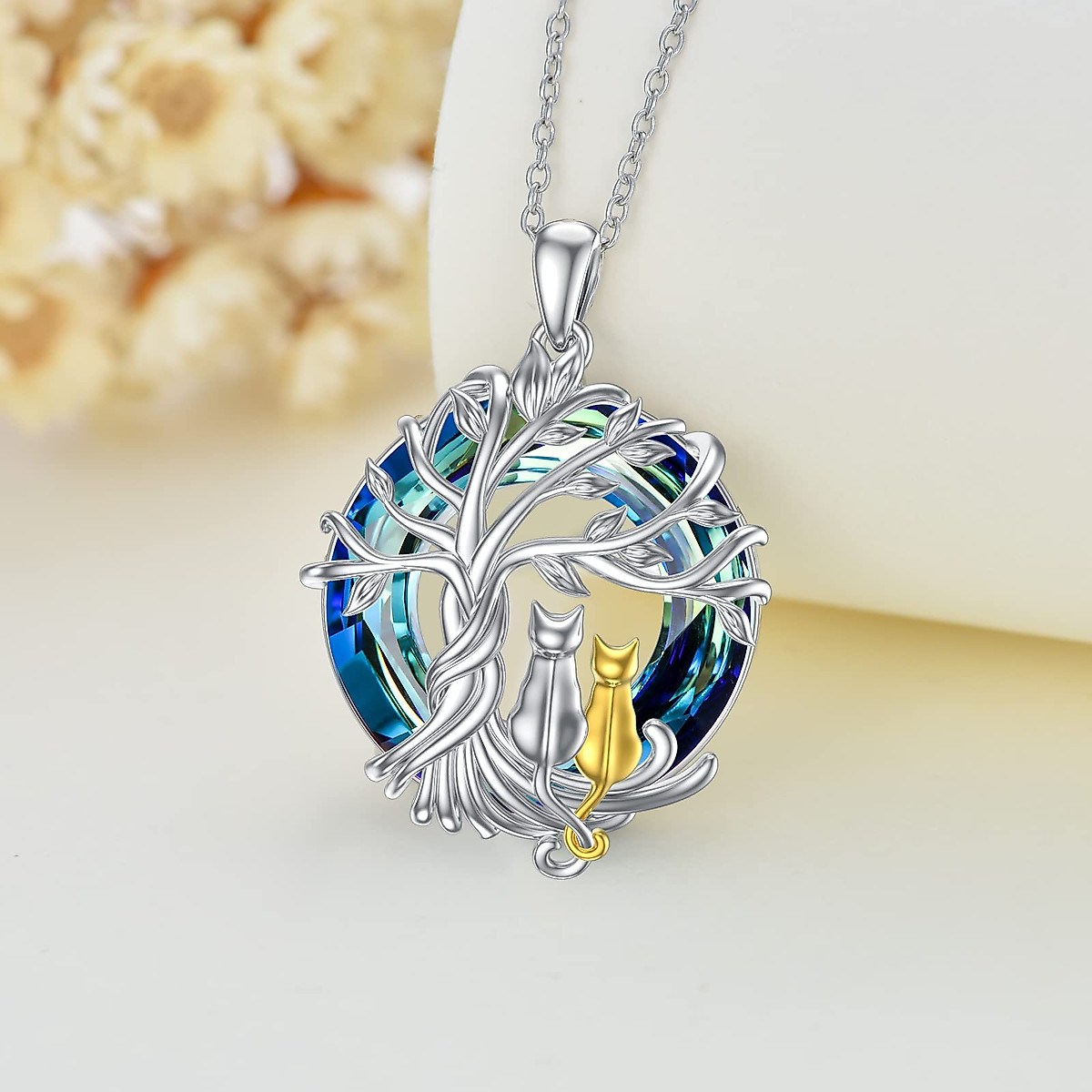 TOUPOP Two Cats Necklace 925 Sterling Silver Tree of Life Necklace with Blue Circle Crystal Cat Lovers Jewelry Gifts for Women Mom Daughter Birthday Christmas