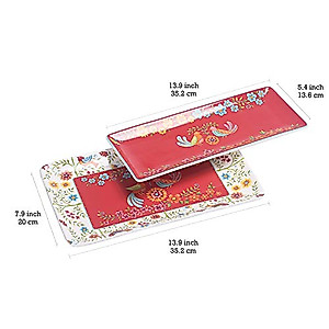 Bico Red Spring Bird Ceramic 14 inch Rectangular Serving Platter, Set of 2, for Serving Salad, Pasta, Cheese, Ham, Appetizer, Microwave & Dishwasher Safe