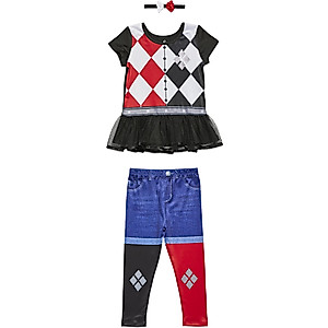 WARNER BROS. Harley Quinn Toddler Girls Cosplay Costume Dress Leggings and Headband 3 Piece Set 3T