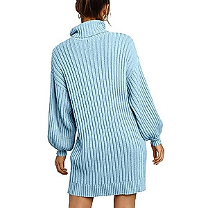 ANRABESS Women Oversized Sweater Dress Turtleneck Batwing Long Sleeve Ribbed Knit Loose 2024 Fall Winter Casual Short Dress A240danlan-M Light Blue
