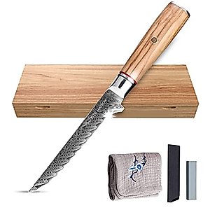 Master Maison 6" Damascus Steel Fillet Knife With Full-Tang Handle, Sheath, Sharpening Stone, Storage Box & Drying Cloth | AUS-10 Japanese Stainless Steel Ultra Sharp Filleting & Boning Knife For Fish