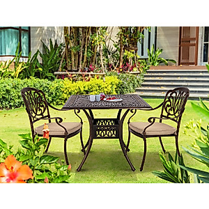 2 Piece Outdoor Dining Chairs, Cast Aluminum Dining Chairs Set of 2, Patio Bistro Chairs Set with Cushions for Patios, Gardens, Pools, Terraces (Flower Design with Khaki Cushion)
