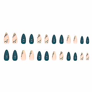 RikView Fall Press on Nails Long Acrylic Almond Fake Green Full Cover For Women