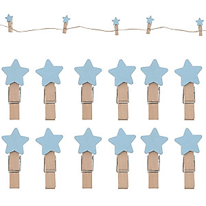 HEALLILY 100pcs Mini Wooden Clothespins Star Shape Wall Hanging Photo Clips Picture Pegs Craft Clips with Hemp Rope Blue