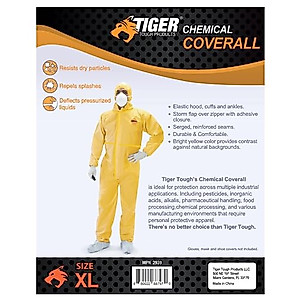 Tiger Tough Chemical Protection Coveralls for Men - Hazmat Suits with Hood & Zipper – Durable Yellow Chemical Suit for Industrial Use, Large