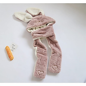 RUIXIA Women Girls Lovely Cartoon Bunny Ears Hat Scarf Gloves 3-in-1 Set Plush Fluffy Warm Hoodie Hat with Scarf Pocket Mitts Pink, One Size