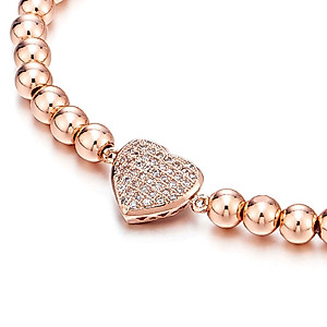 COOLSTEELANDBEYOND Rose Gold Beads Link Charm Bracelet for Women with Cubic Zirconia Heart Charm, Polished