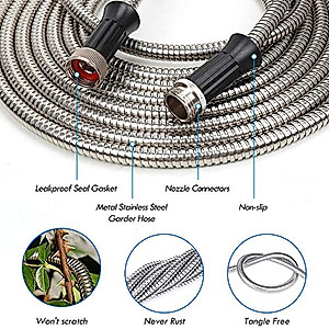 MultiOutools 304 Stainless Steel Garden Hose 50FT Metal Water Hose with 2 Free Nozzles Heavy Duty Flexible Metal Garden Hose 8 Functions Spray Nozzle Lightweight Durable Kink Free Outdoor Hose