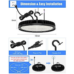 KUKUPPO 2 Pack 240W LED High Bay Light UL&DLC Listed, 36,000lm 240W/190W/140W, 3000K/4000K/5000K Adjustable LED UFO High Bay Shop Light Warehouse Light, 0-10V Dimmable, AC100-277V with Plug, Black