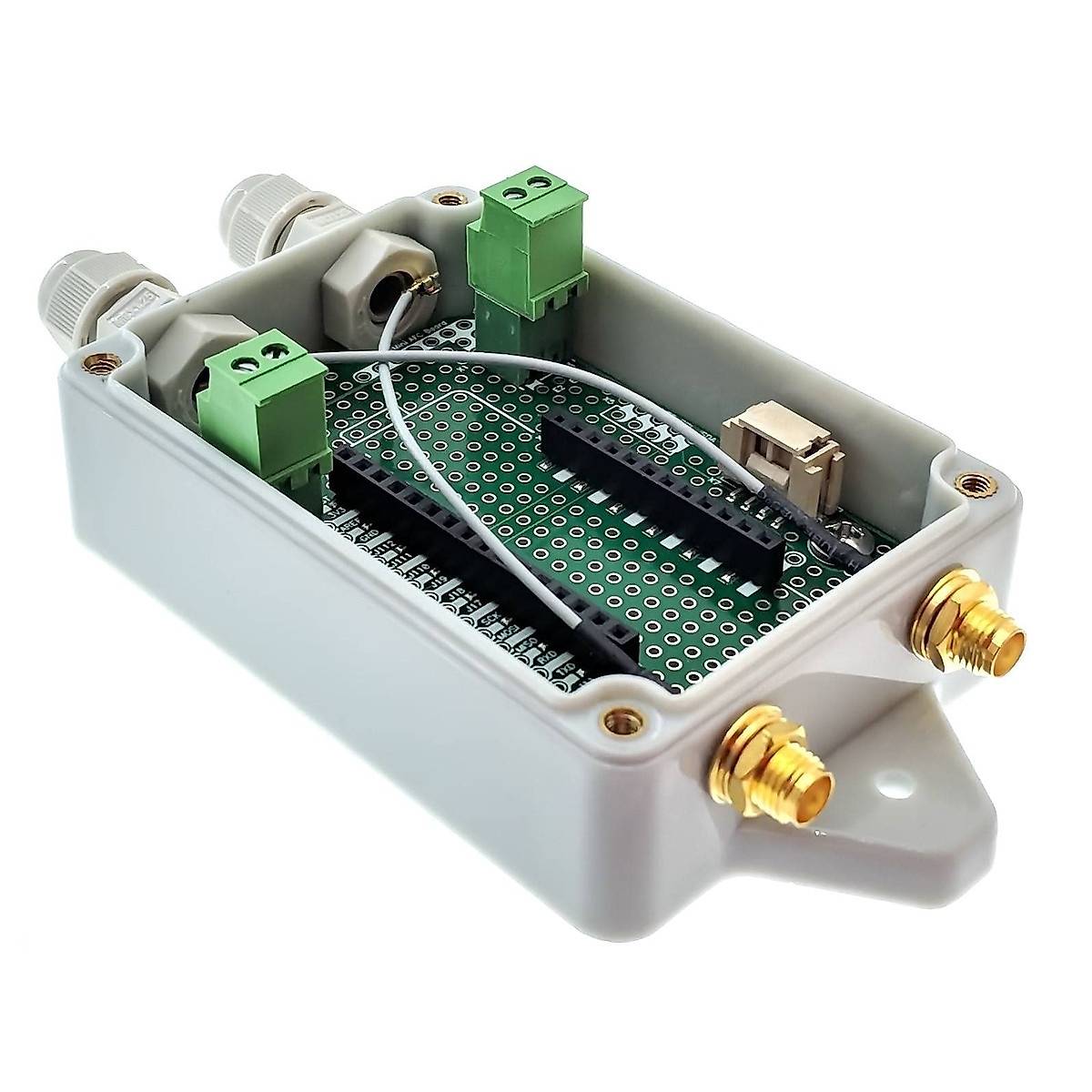 qBoxMini AFC DIY IOT Enclosure Kit (Two SMAs), IOT Enclosure for Feather ESP32 Cellular LoRa WiFi Arduino Board, Waterproof IP65 Enclosure with Glands, prototyping PCB connectors Set and Two SMAs