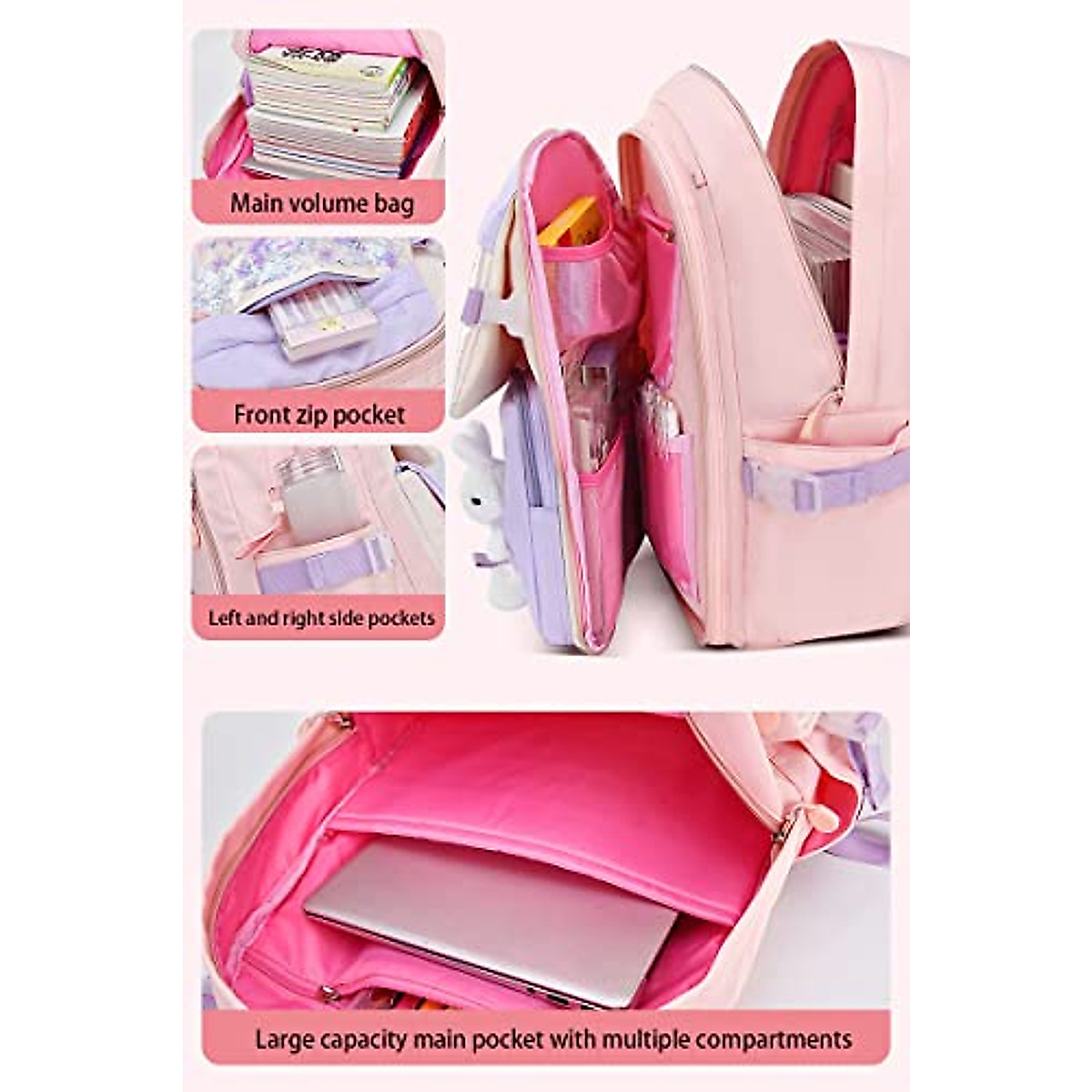 Rcuyyl Cute Bunny Backpack,Kawaii Backpack for School Girls Large Capacity Waterproof Bookbag Casual Bookbag Outdoor Daypack