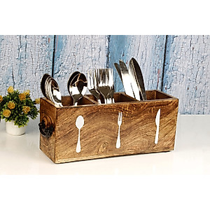 Mother's Day Gifts Wooden Kitchen Utensil Holder With 3 Compartments Wood Utensil Organizer for Cutlery, Napkins, Cups Caddy Organizer | 10.5 X 3.5 Inch