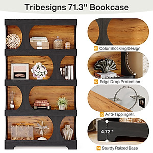 Tribesigns 71" Tall Bookcase, 4-Tier S-Shaped Bookshelf, Wood Decorative Storage Shelving, Modern Freestanding Display Shelves, Large Library Book Shelf Unit for Home Office Living Room Bedroom, Black