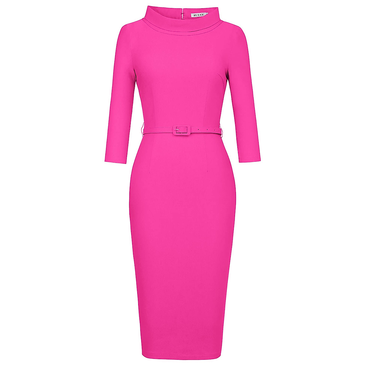 MUXXN Women's Retro 1950 Style Midi 3/4 Sleeve Pencil Knee Length Vintage Cocktail Bodycon Sheath Formal Dress Hot Pink L