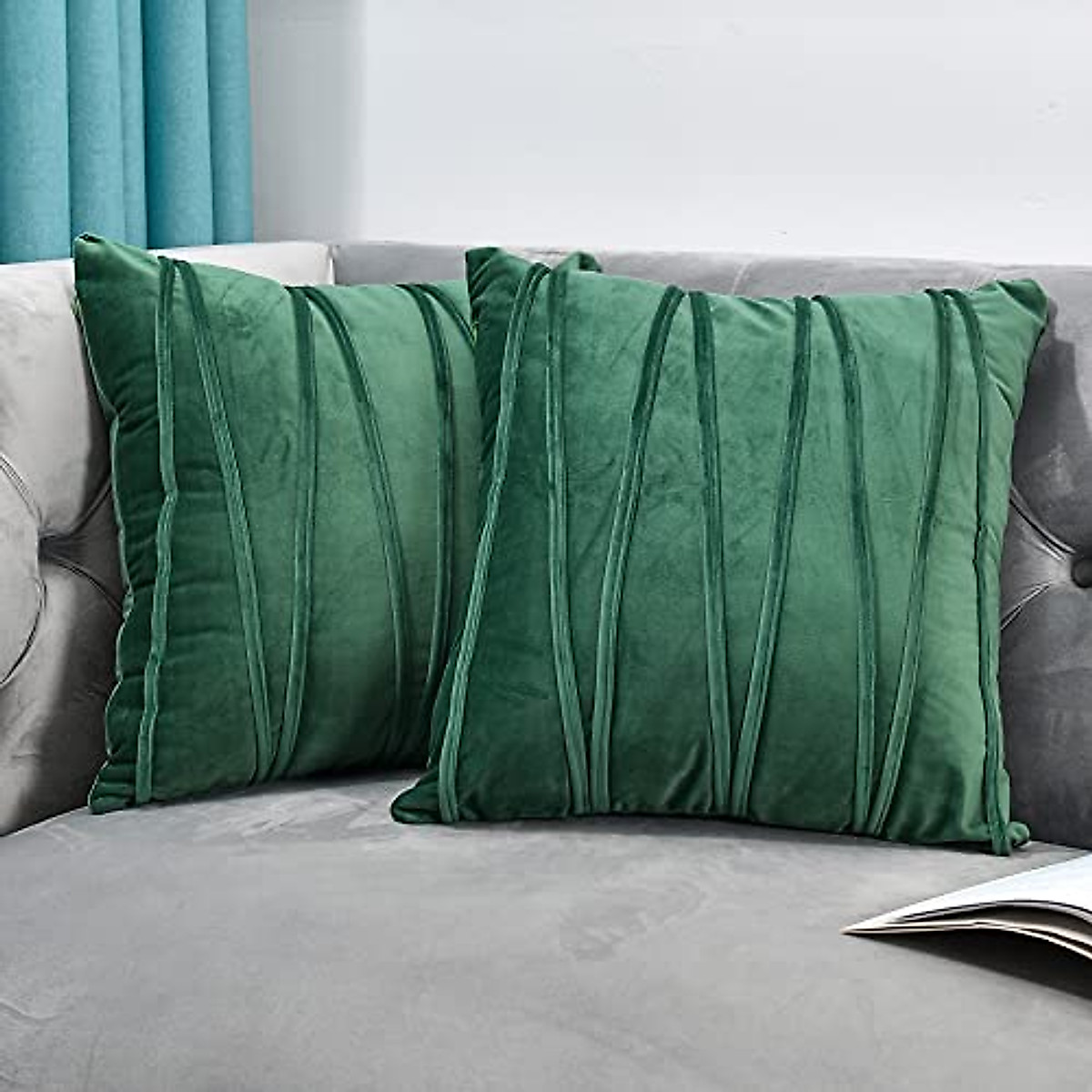 NianEr Decorative Plush Velvet Throw Pillow Covers Sofa Accent Couch Pillows Set of 2 for Bed Living Room Square Pillow Cases 20X20 Deep Green