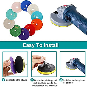Toolly 12 Pack 4 inch Diamond Polishing Pads Set Wet/Dry Polishing Kit 10pcs 50#-3000# Grit Pads with 2pcs Hook and Loop Backer Pads for Granite Stone Concrete Marble Floor Grinder or Polisher