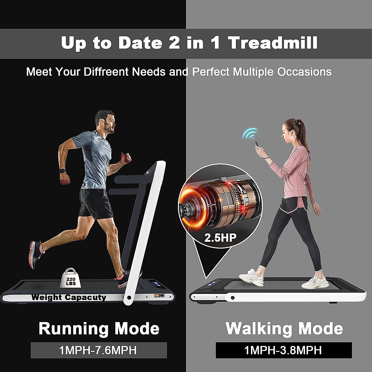 Jayktimo Treadmill, Walking Pad-7.6miles Under Desk Treadmill-2 in 1 Folding Treadmill-Treadmills for Home and Office, Black White