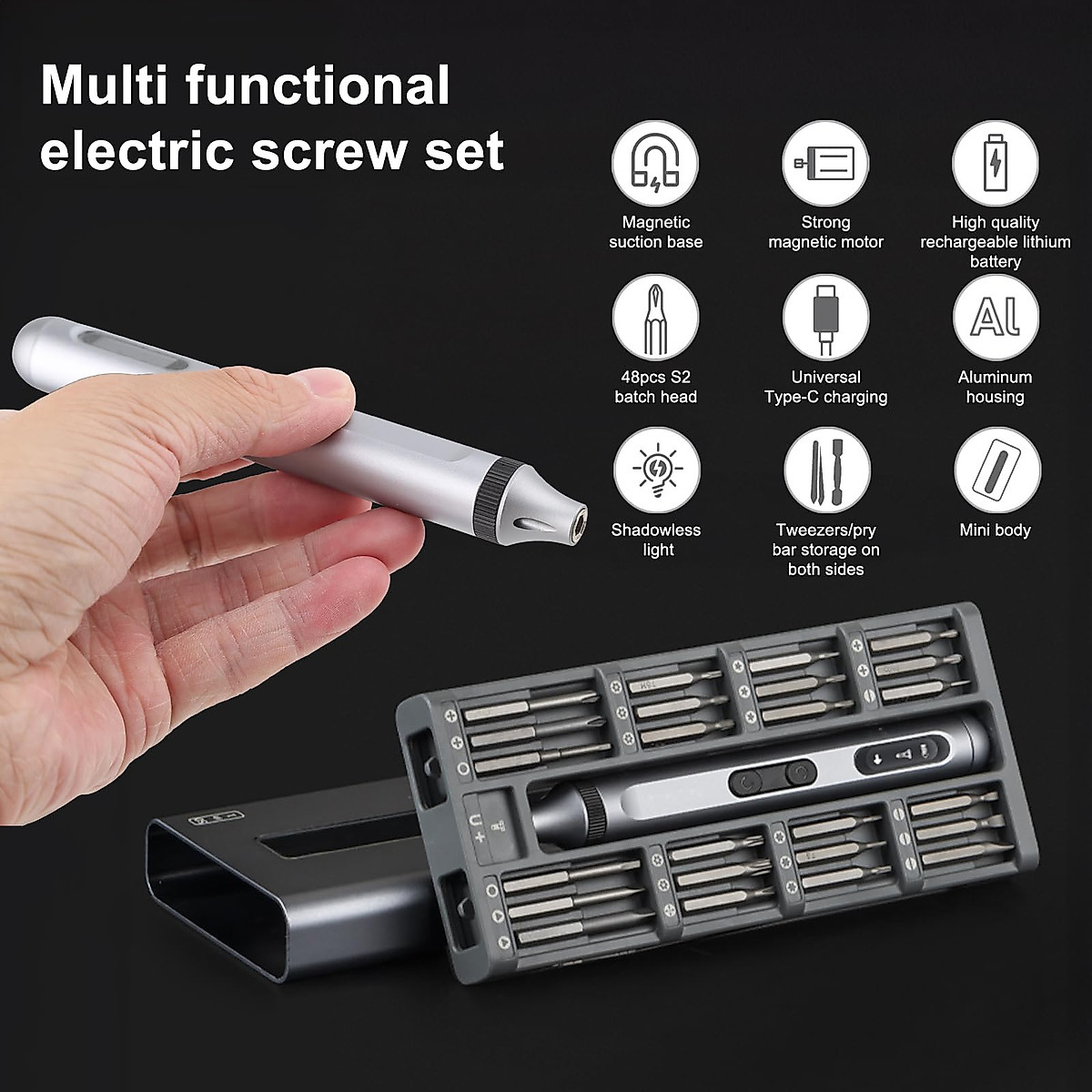 Mini Electric Precision Screwdriver, 50-in-1 Screwdriver Set with 48 Magnetic Drill Bits, Pry Bar, Led and Tweezers, Max 3 N.m, Repair Tool Set for Phone Camera Laptop Watch Glasses Drone Clocks Toy