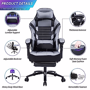 Fantasylab Big and Tall Gaming Chair 400lb Gaming Chair with Footrest Massage Gaming Chair Memory Foam Adjustable Tilt Back Angle and Arm High