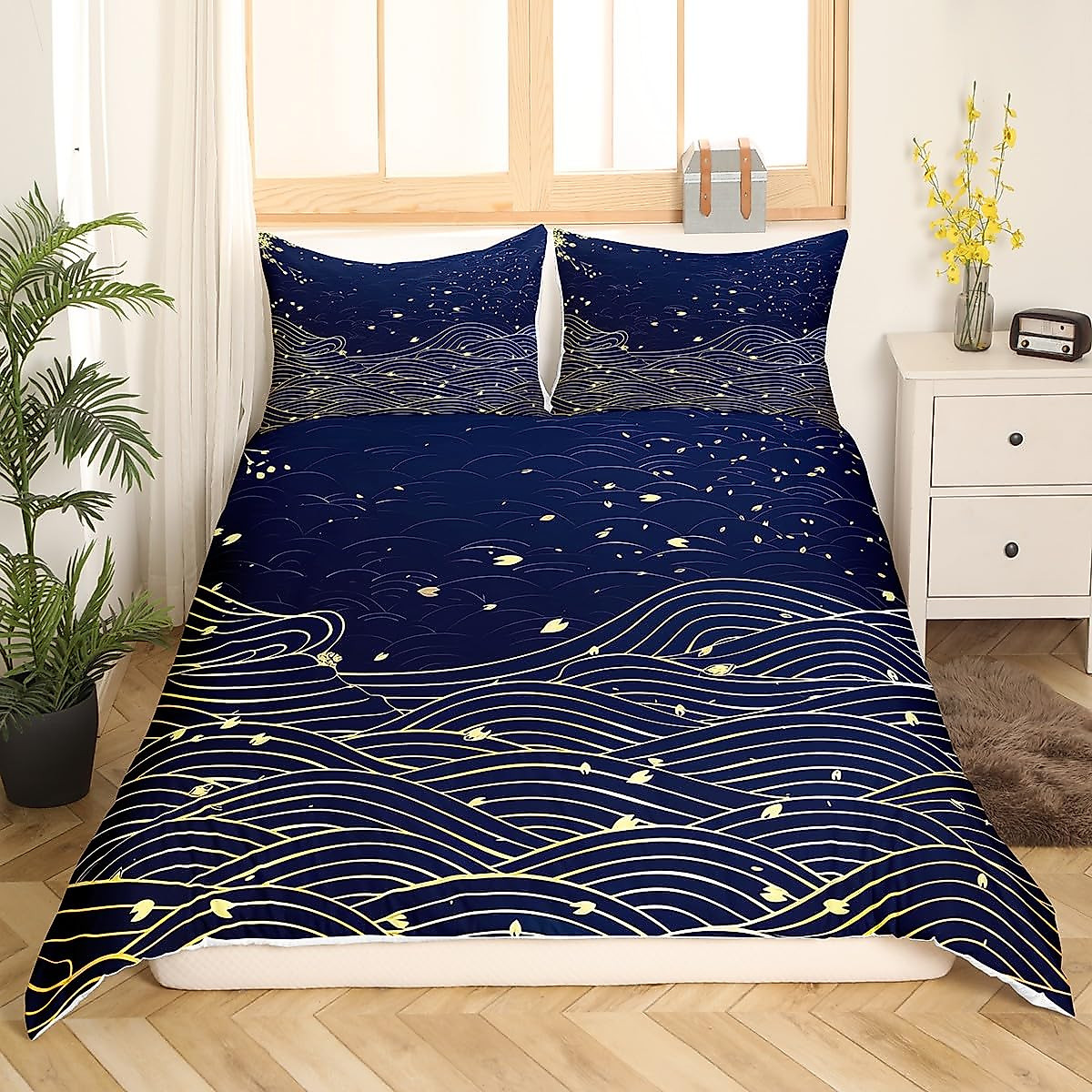 Erosebridal Ukiyoe Style Bedding Set Queen Size Japan Sea Waves Duvet Cover Japanese Style Comforter Cover Golden Cherry Blossom Petals Quilt Cover for Kids Child,Abstract Hand Drawn Bedroom Decor