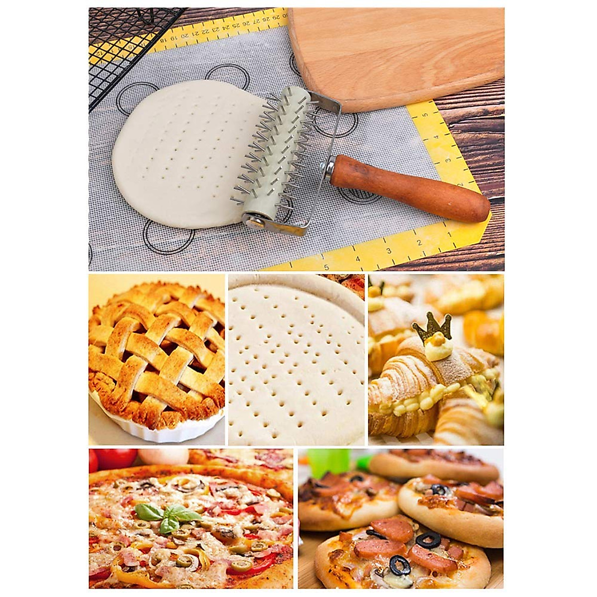 Stainless Steel Pizza Dough Roller Docker,Time-Saver Pizza Dough Roller Docker with Wood Handle, Pizza Bread Pin Puncher Pizza Wheel, for Pizza Cookie Cake Pie Pastry Bread Dough