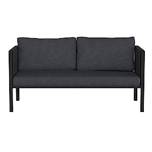 Flash Furniture Lea Indoor/Outdoor Loveseat with Cushions - Modern Steel Framed Chair with Storage Pockets, Black with Charcoal Cushions