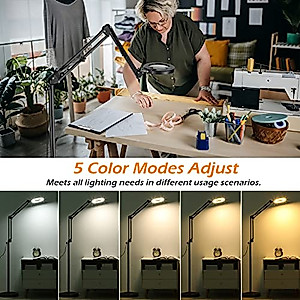 8X Magnifying Glass with Light and Stand, Krstlv 4-in-1 LED 5 Color Modes Stepless Dimmable Magnifying Floor Lamp, Adjustable Swing Arm Lighted Magnifier Lamp with Clamp for Close work, Craft, Reading