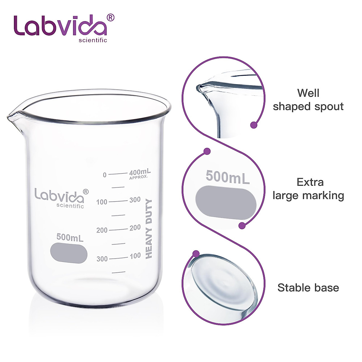 Labvida 4pcs 500ml Upgrated Thick Glass Beakers, Griffin Low Form Beaker Set with Double Scale, 3.3 Boro, LVA012