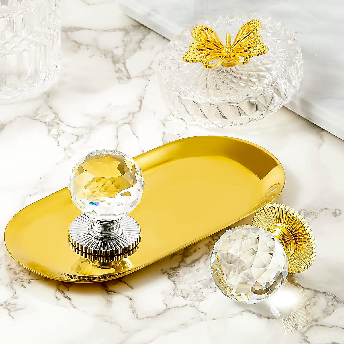 Stargallery Round Crystal Self Stick Knobs 1-3/5 Inch 40mm Diameter Crystal Knobs Cabinet Knobs Replacement Knob with Adhesive for Cabinet Mirror Cupboard Window Glass Sliding Door Drawer (2, Sliver)