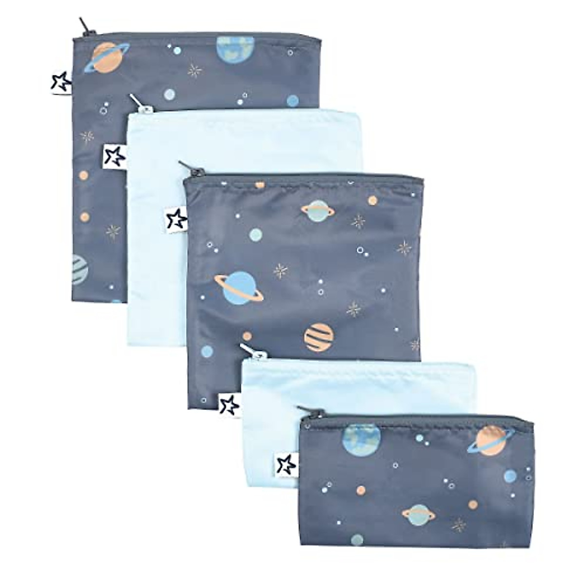 Tiny Twinkle 5 Pack Reusable Snack Bags - Machine Washable, PFAS, PVC, BPA, Phthalate-Free Reusable Baby and Toddler Food Safe Snack Bags (Space)