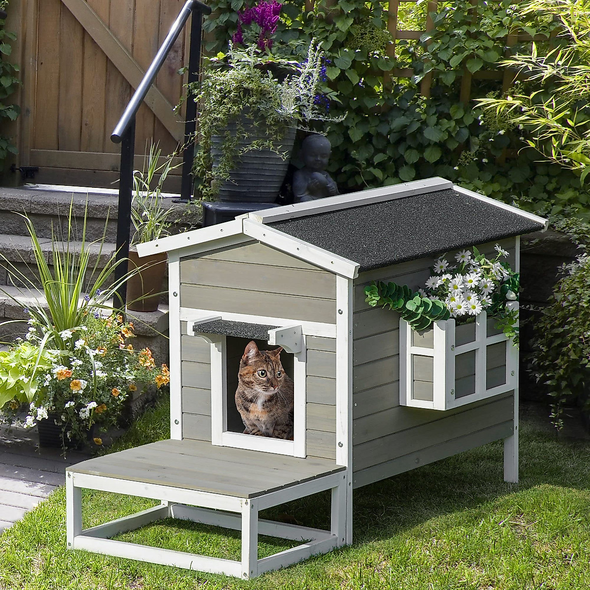 PawHut Wooden Cat House Outdoor with Door, Weatherproof 2-Floor Cat Shelter with Asphalt Roof, Balcony, Dark Gray