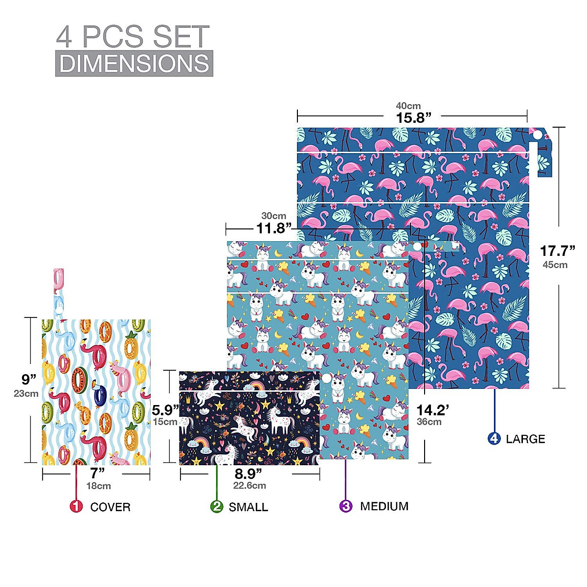 Waterproof and Reusable Wet Bag Diaper Stroller Water Resistant Swimsuit Travel Toiletries Yoga Gym Washable Carrier Small Medium Large Flamingo 4 Pack